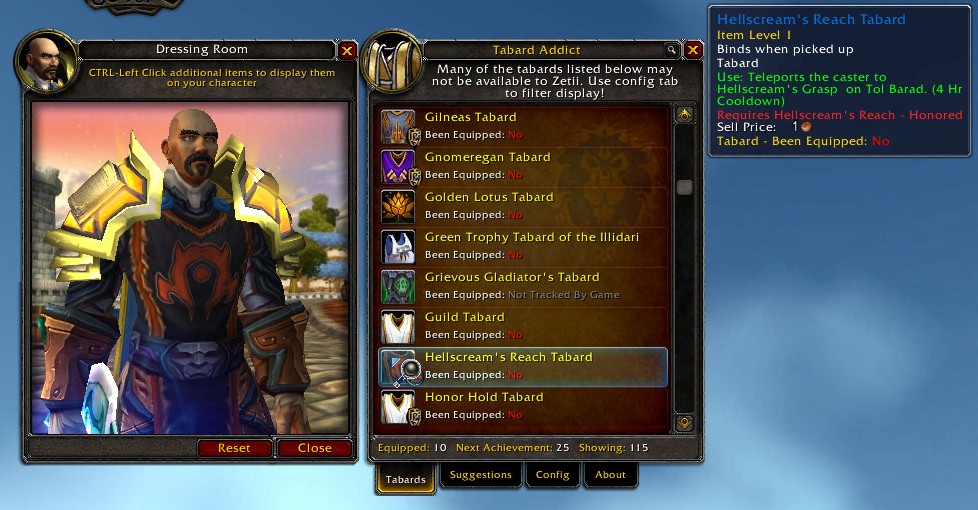 Tabard Addict Addon for World of Warcraft - Greg|Morlan