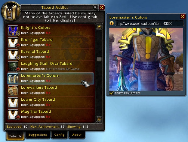 Tabard Addict Addon for World of Warcraft - Greg|Morlan