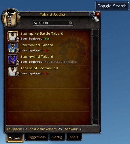 Tabard Addict Addon for World of Warcraft - Greg|Morlan